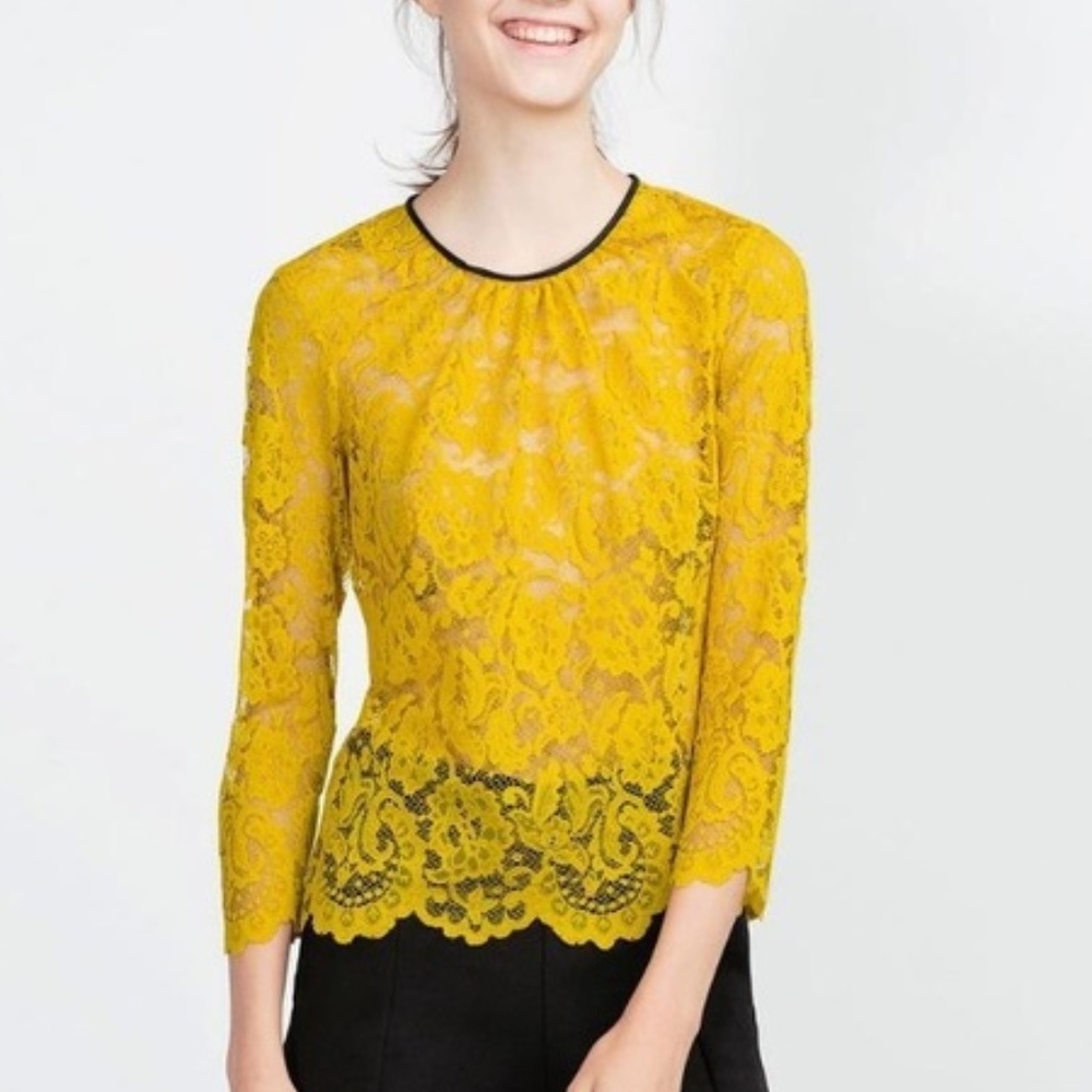 Zara Mustard Yellow Sheer Lace Top - Gem